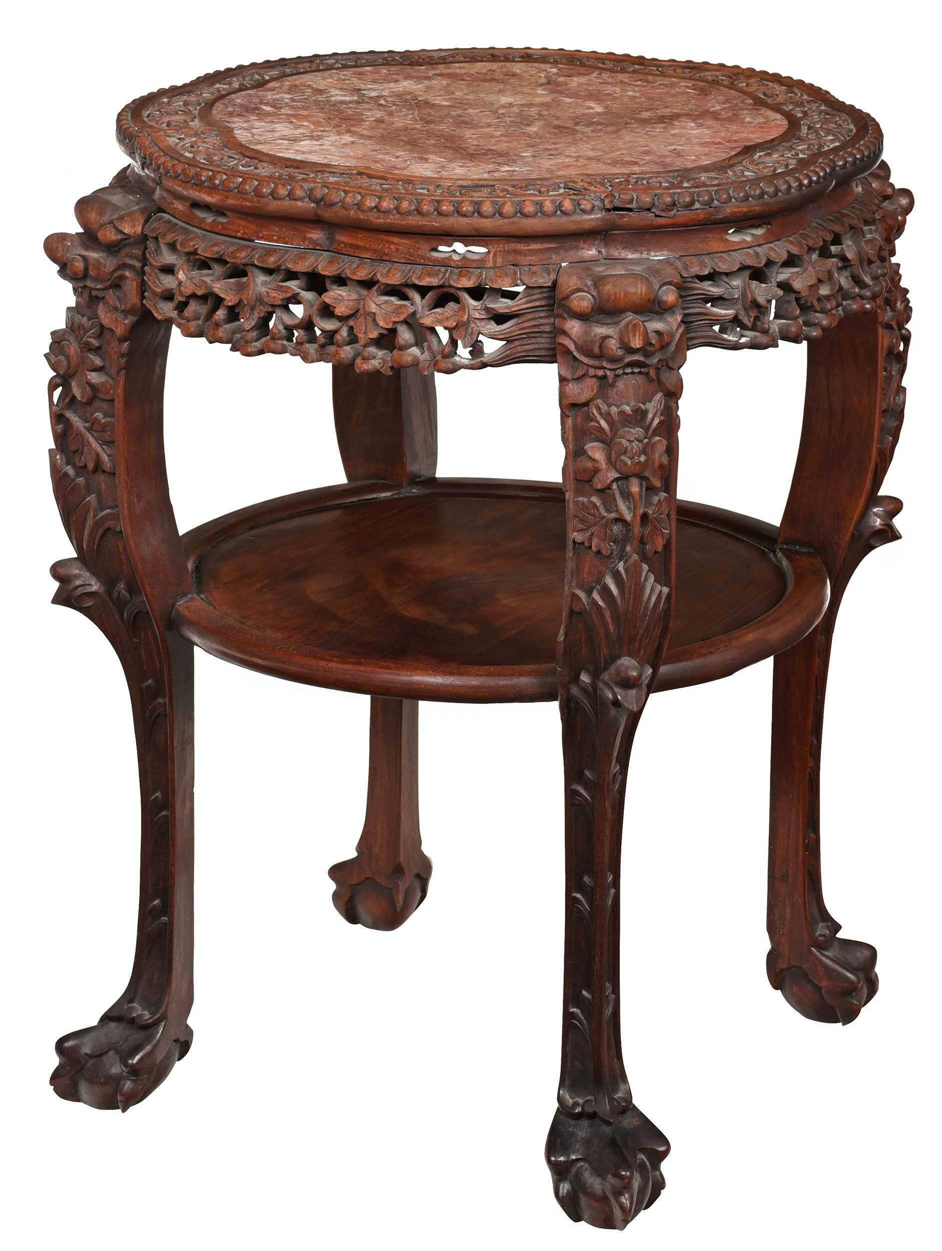 Chinese Carved Hardwood Marble Top Tabaret | Barnebys