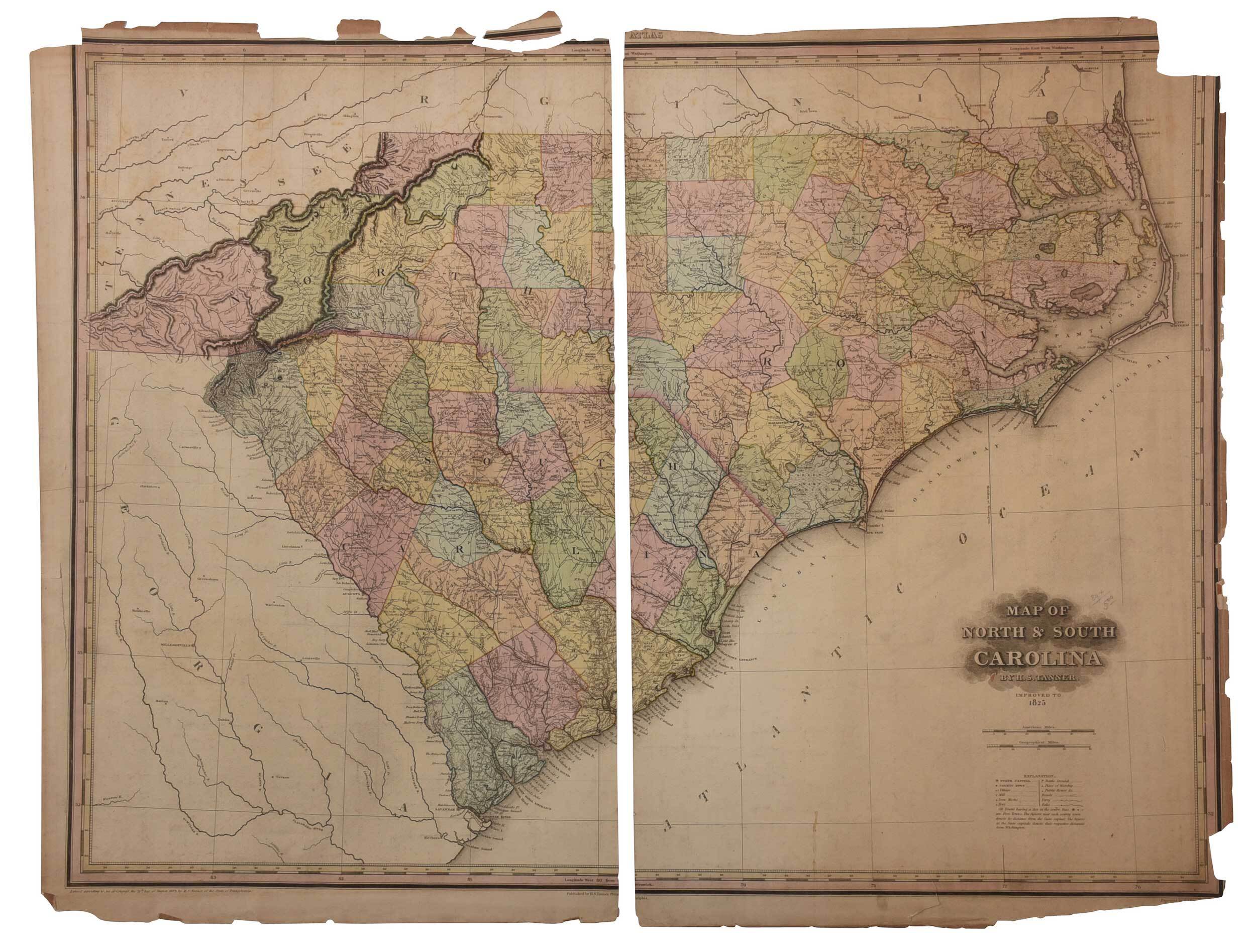 Tanner - Map of North and South Carolina, 1825 | Barnebys